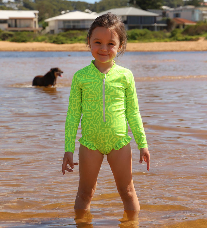 Girls Long Sleeve Swimsuit - Lime Light Print – Vizzies Swim