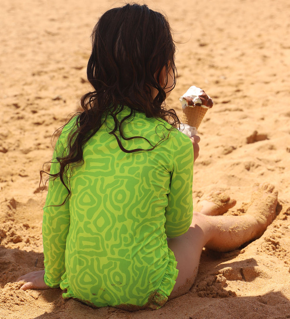 Girls Long Sleeve Swimsuit - Lime Light Print – Vizzies Swim